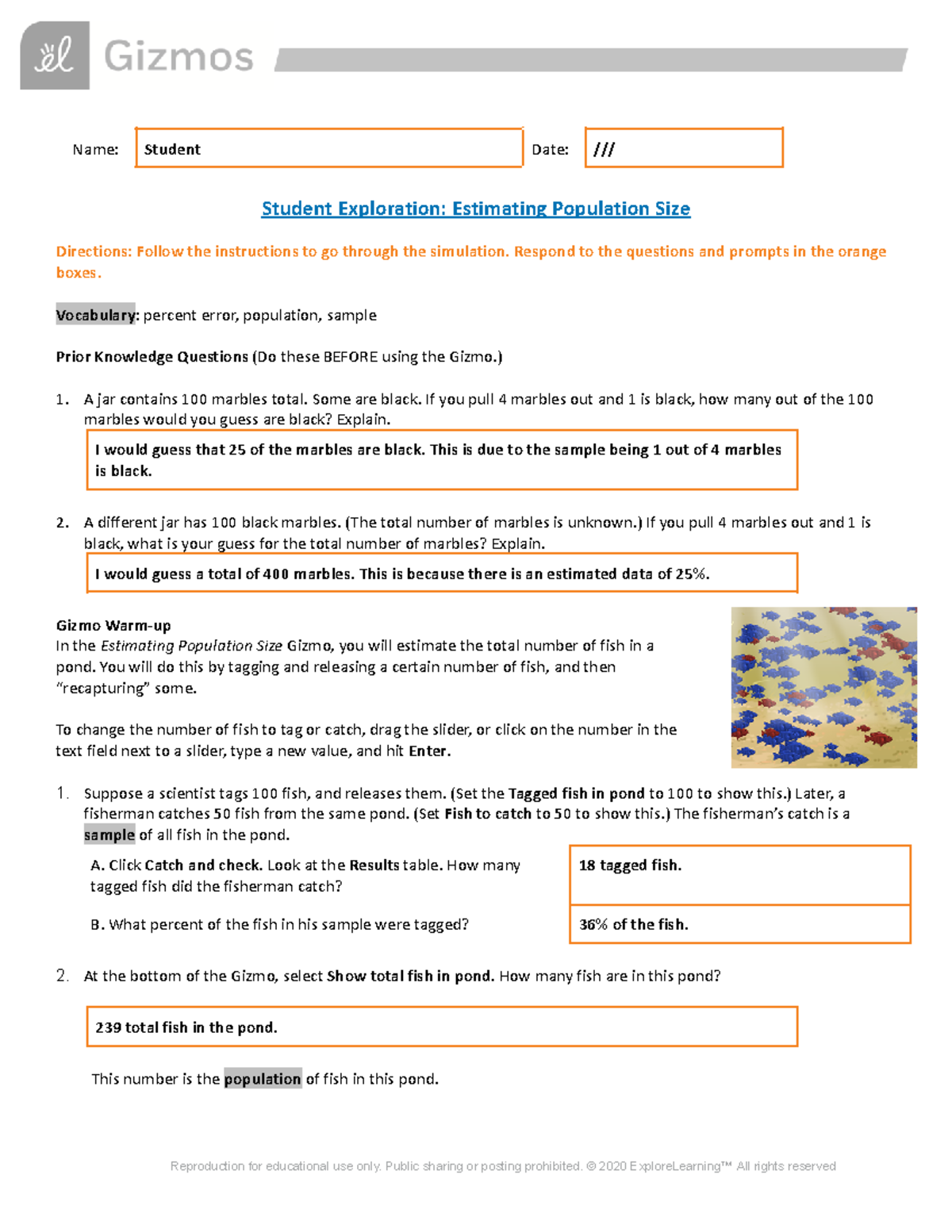 GIZMO Activity: Estimating Fish Population Size and Percent Error - Studocu