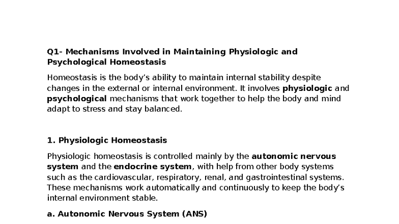 Physiologic & Psychological Homeostasis: Mechanisms & Adaptation (NUR ...