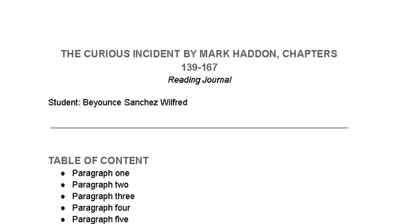 Tci Journal - Summary of "The Curious Incident" by Mark Haddon ...