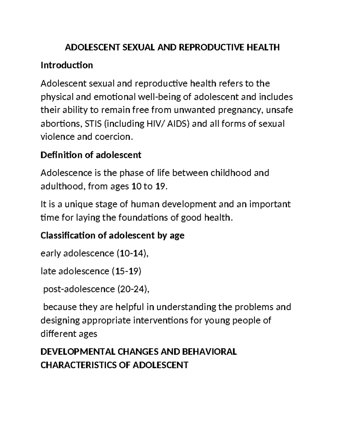 ADO 101: Adolescent Sexual & Reproductive Health Overview - Studocu