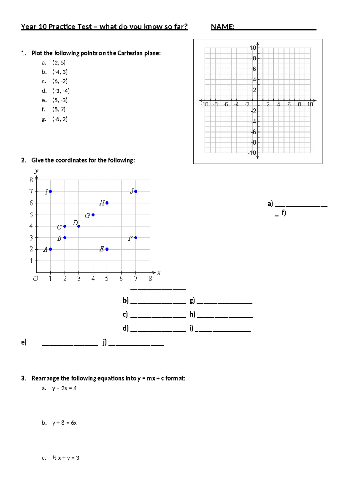 Year 10 Math Practice Test: Cartesian Plane & Simultaneous Equations ...