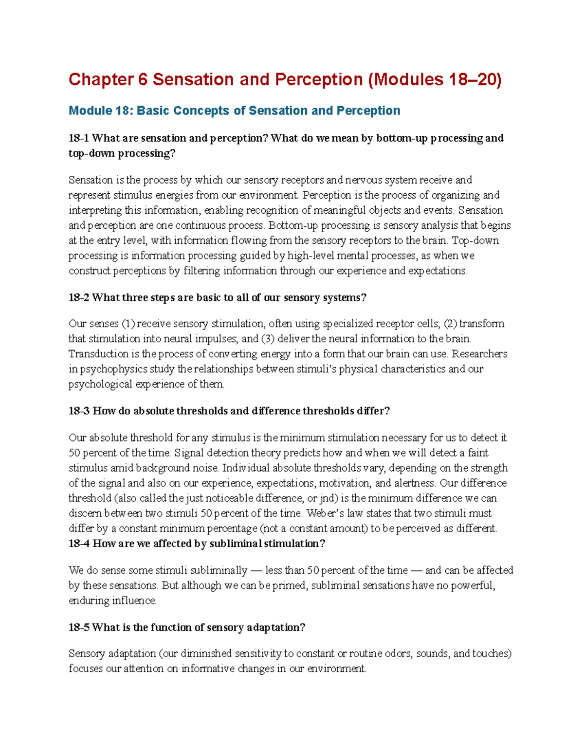 Chapter 6: Sensation and Perception - Key Concepts (Modules 18-20 ...