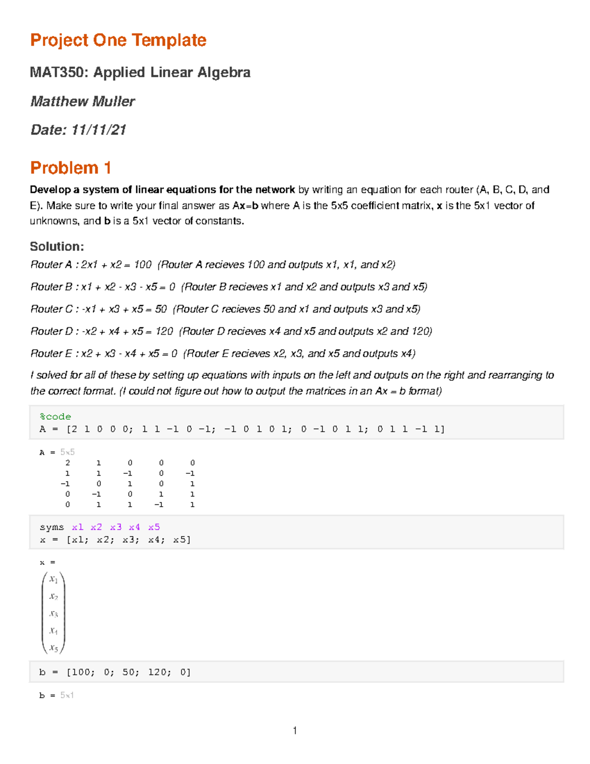 MAT350 Project One: Linear Equations & MATLAB Solutions - Studocu