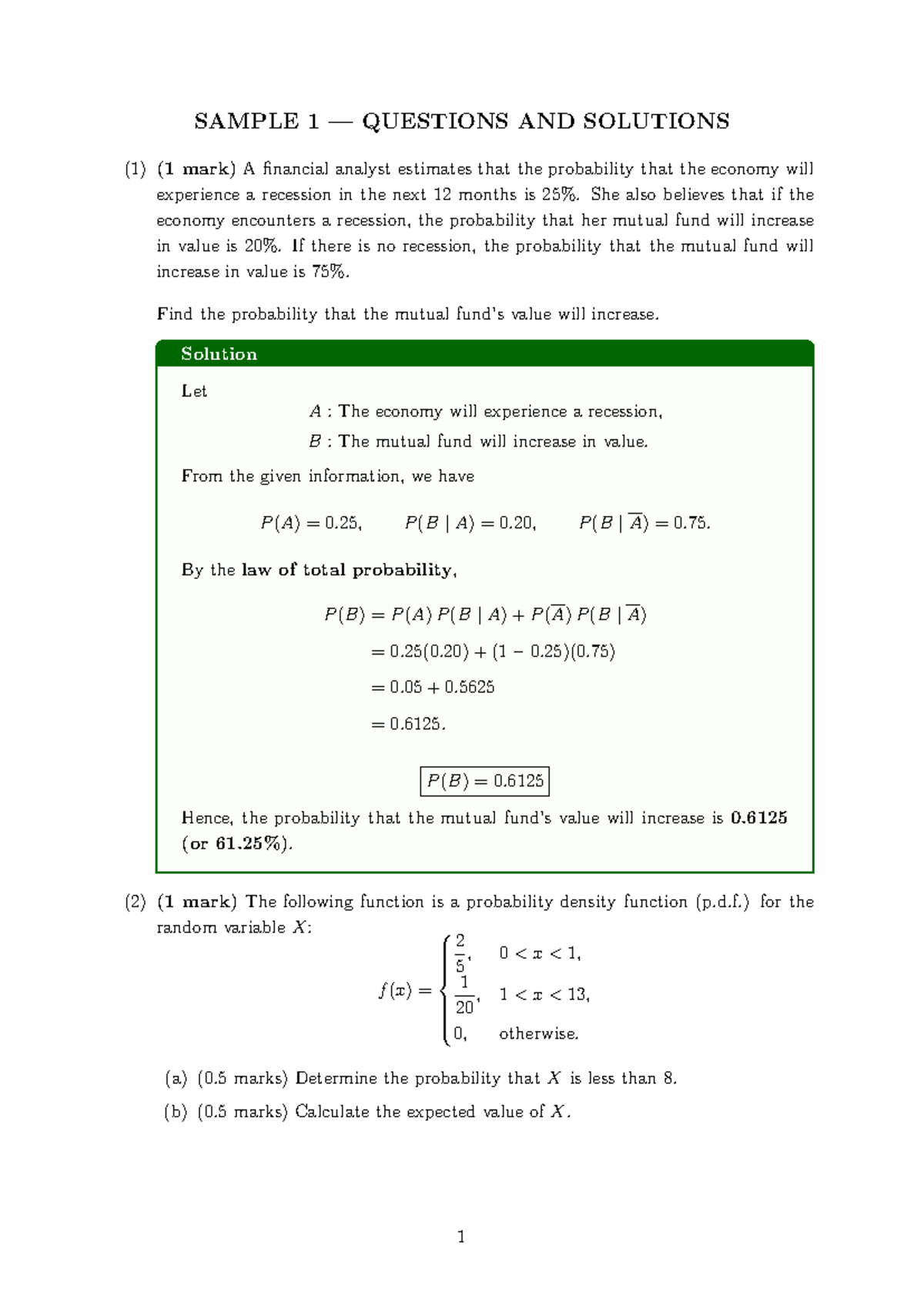 Sample Final Exam Solutions for Probability and Statistics (STAT 101 ...