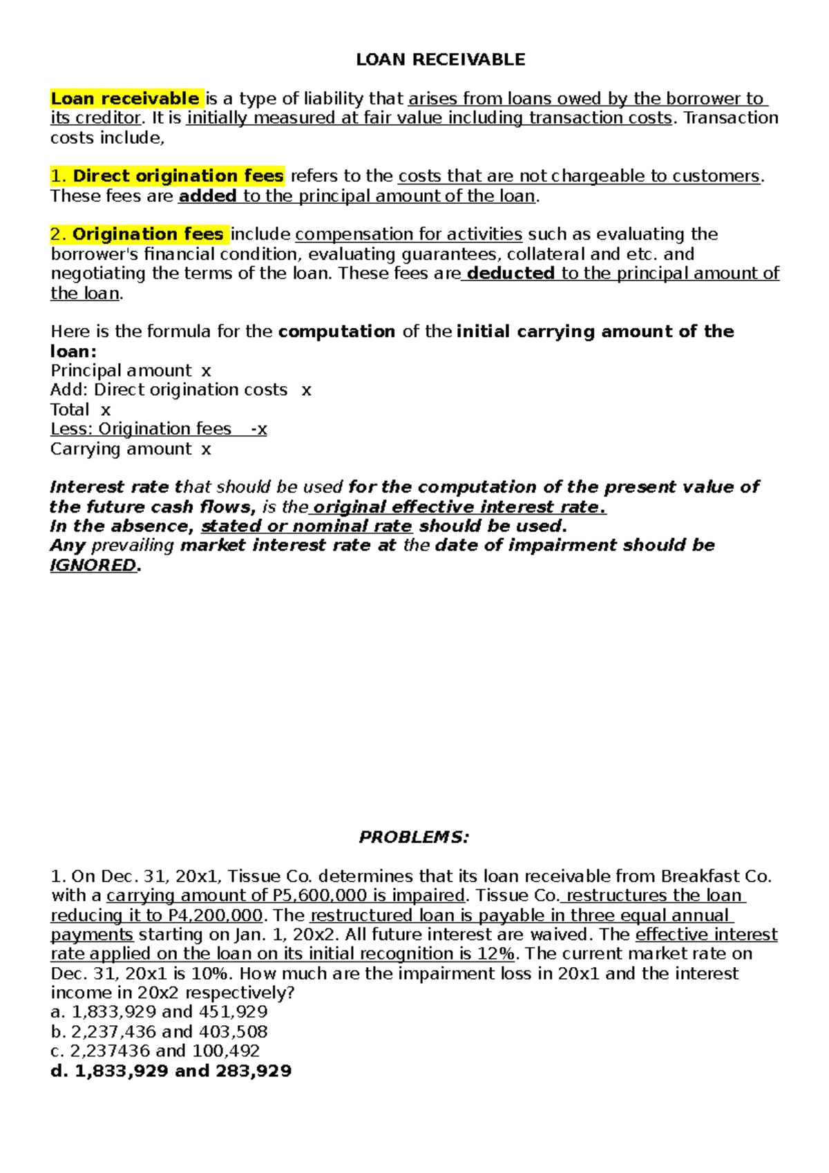 LOAN Receivable Impairment and Amortization Analysis - Case Study - Studocu