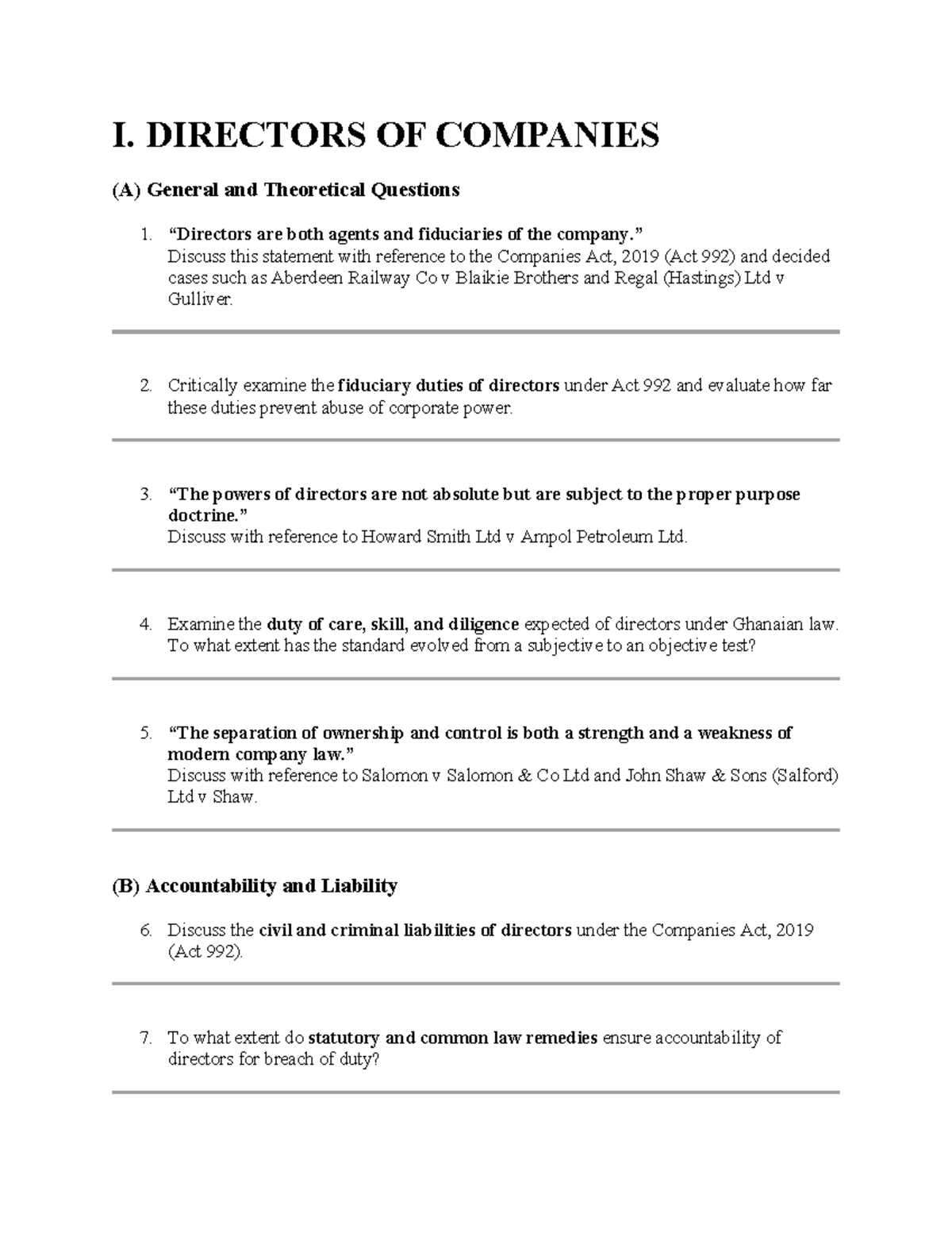 Company Law II Essay Questions: A Comprehensive Guide to Act 992 - Studocu