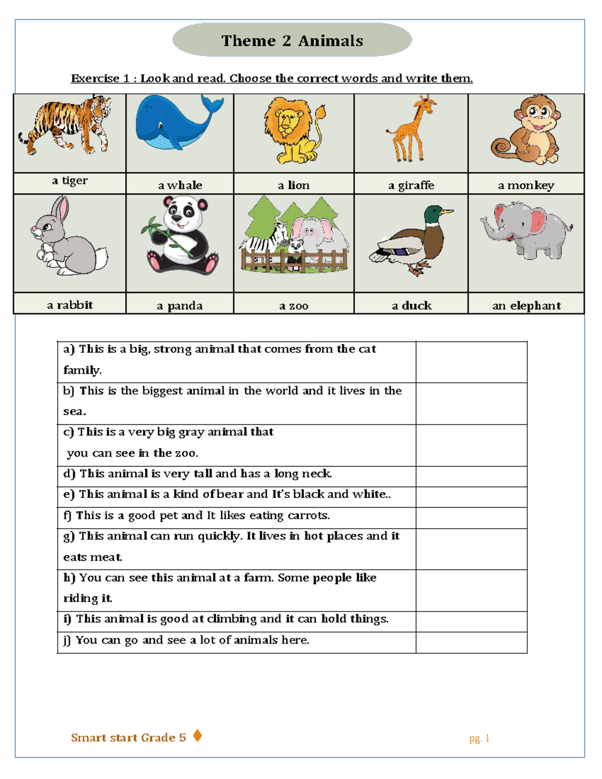 Smart Start 5: Theme 2 Animals Exercises and Activities - Studocu