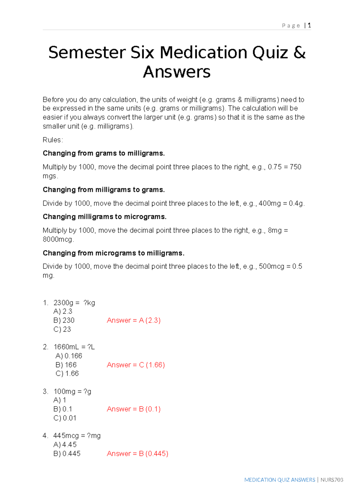 NURS703 Medication Quiz Answers: Calculation Techniques and Solutions ...