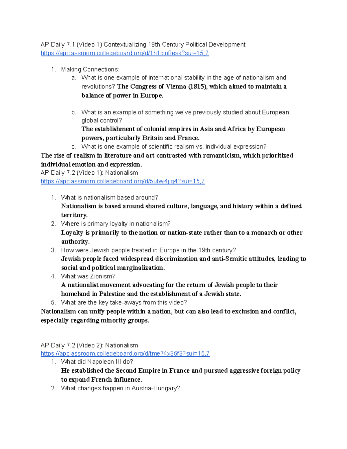 AP Daily Unit 7: 19th Century Political Developments and Nationalism ...