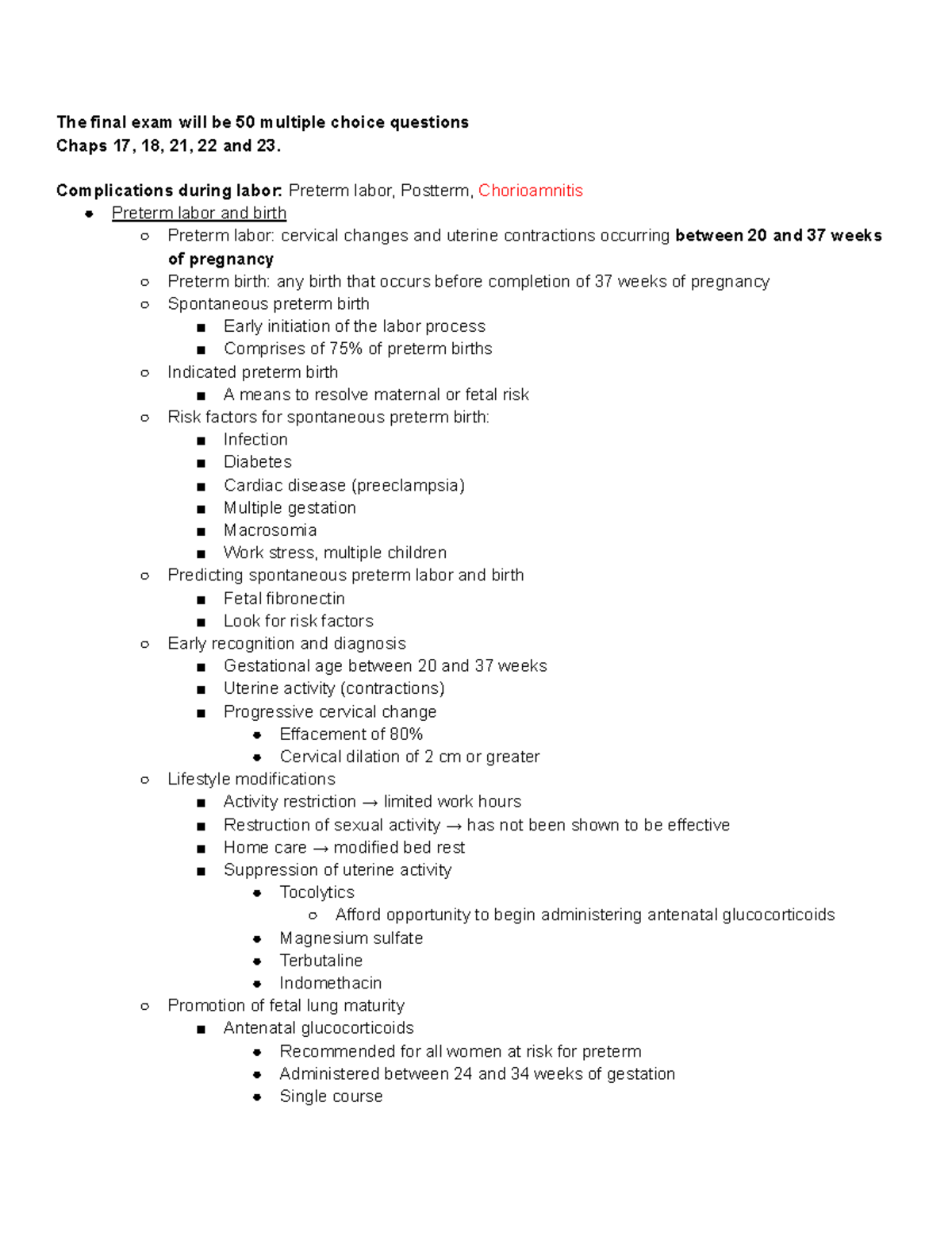 OB Final Exam Notes: Preterm Labor, Birth and Postpartum Care - Studocu