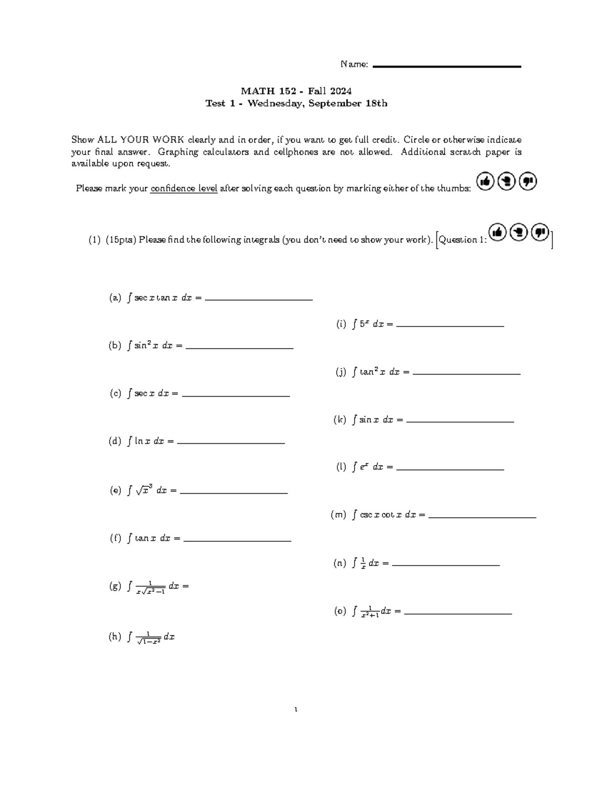 MATH 152 - Fall 2024 Test 1: Integral Calculus Questions & Solutions ...