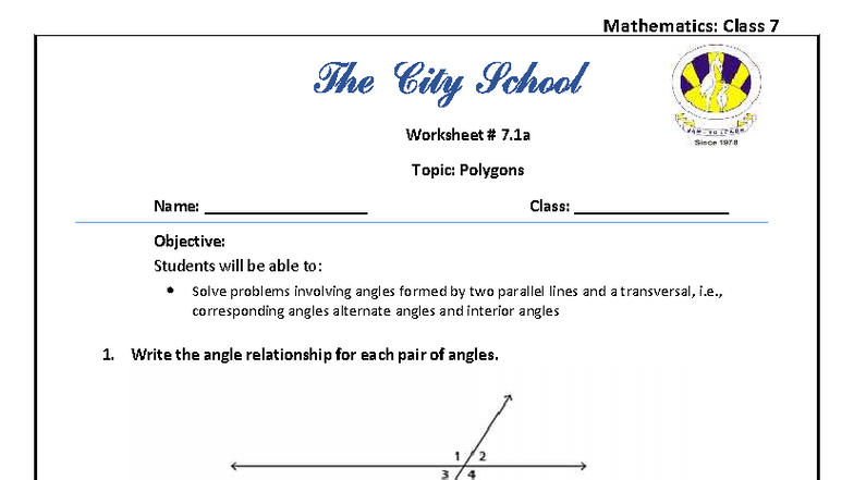Mathematics Class 7 Worksheet 7.1a: Polygons and Angles - Studocu