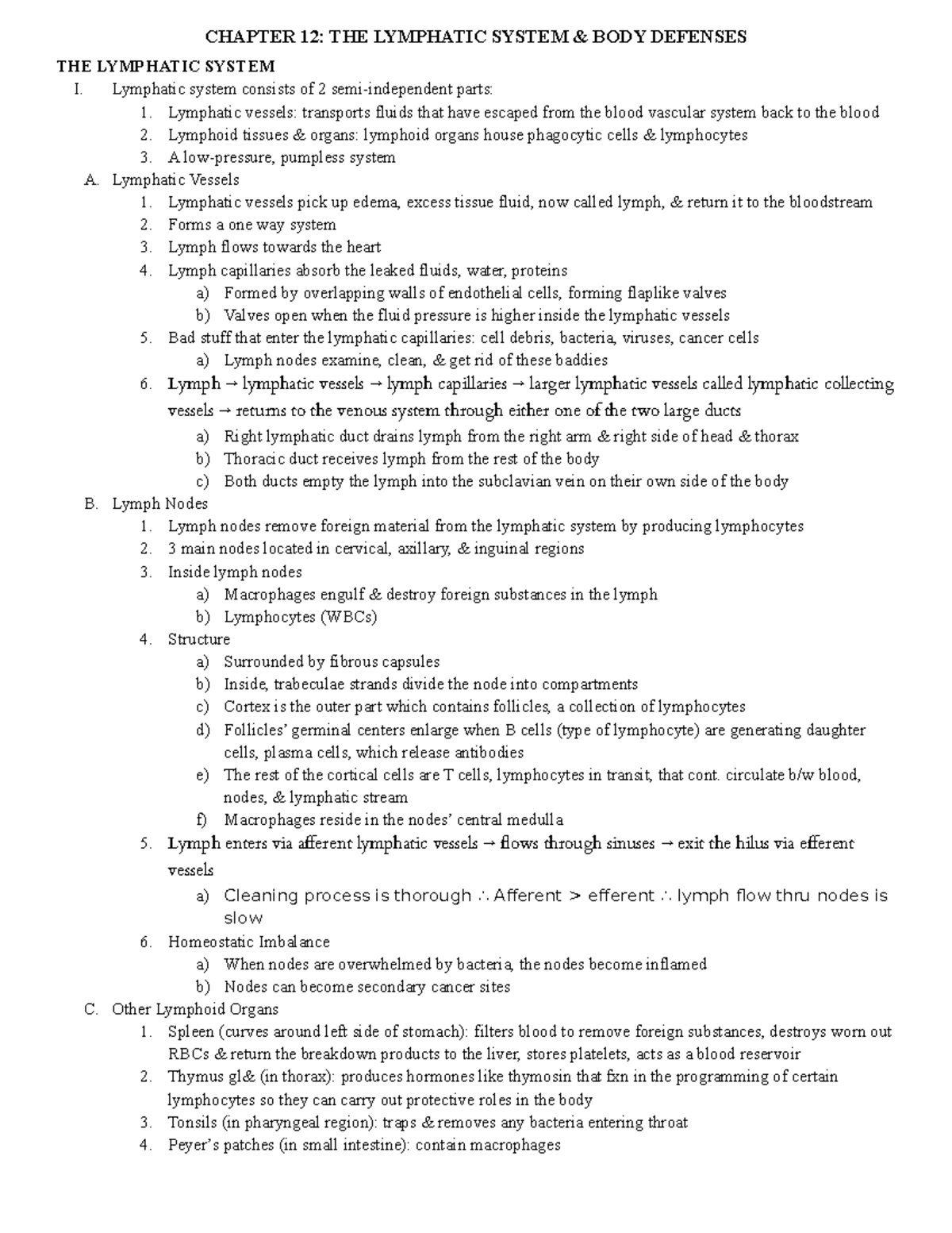 Chapter 12 Study Notes: Lymphatic System & Body Defenses (Bio 101 ...