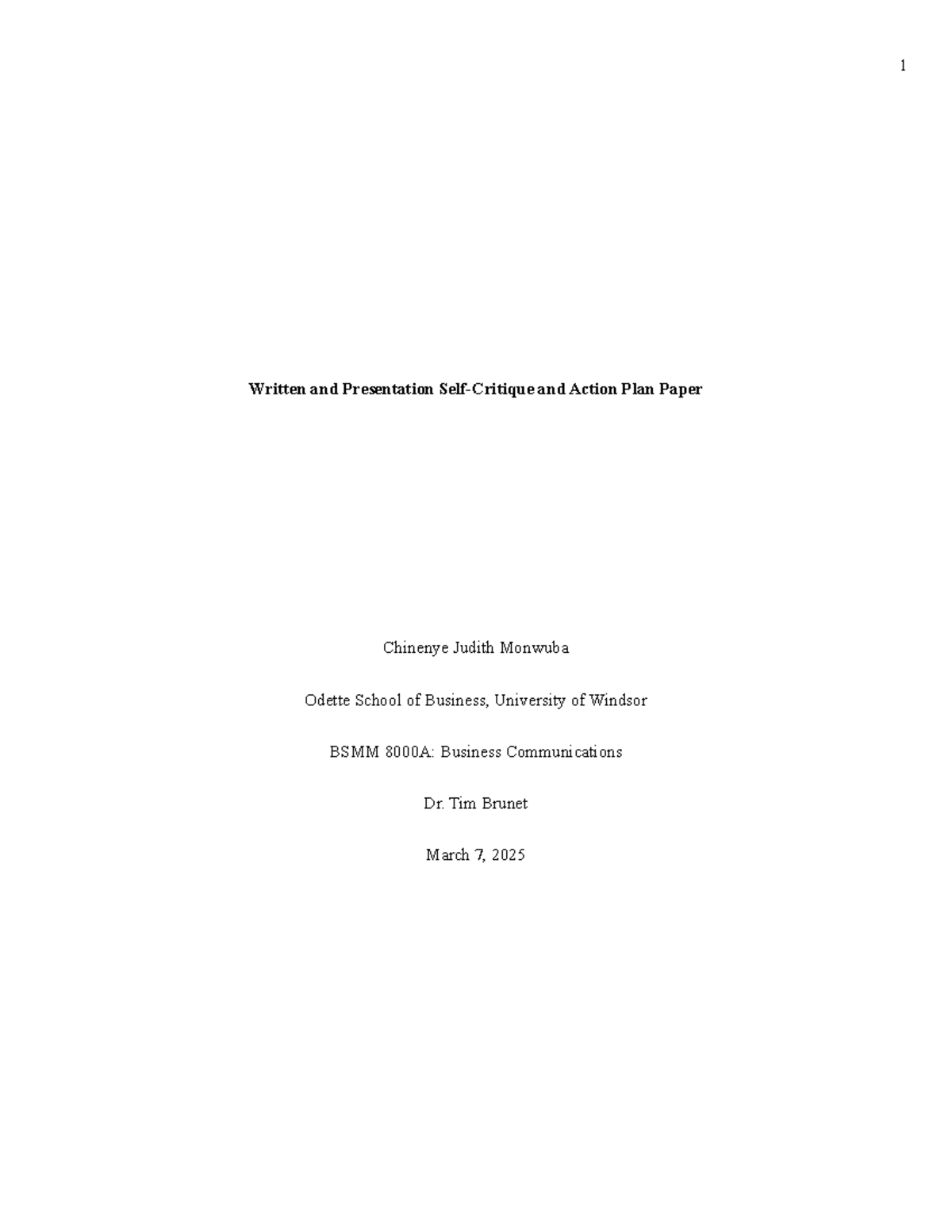 Self-Critique and Action Plan Paper - Written and Presentation Self ...