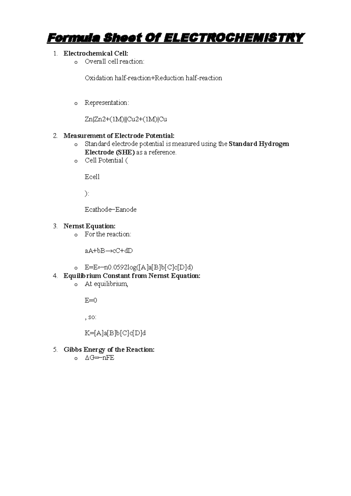 Electrochemical Cell - Formula Sheet Of ELECTROCHEMISTRY ...