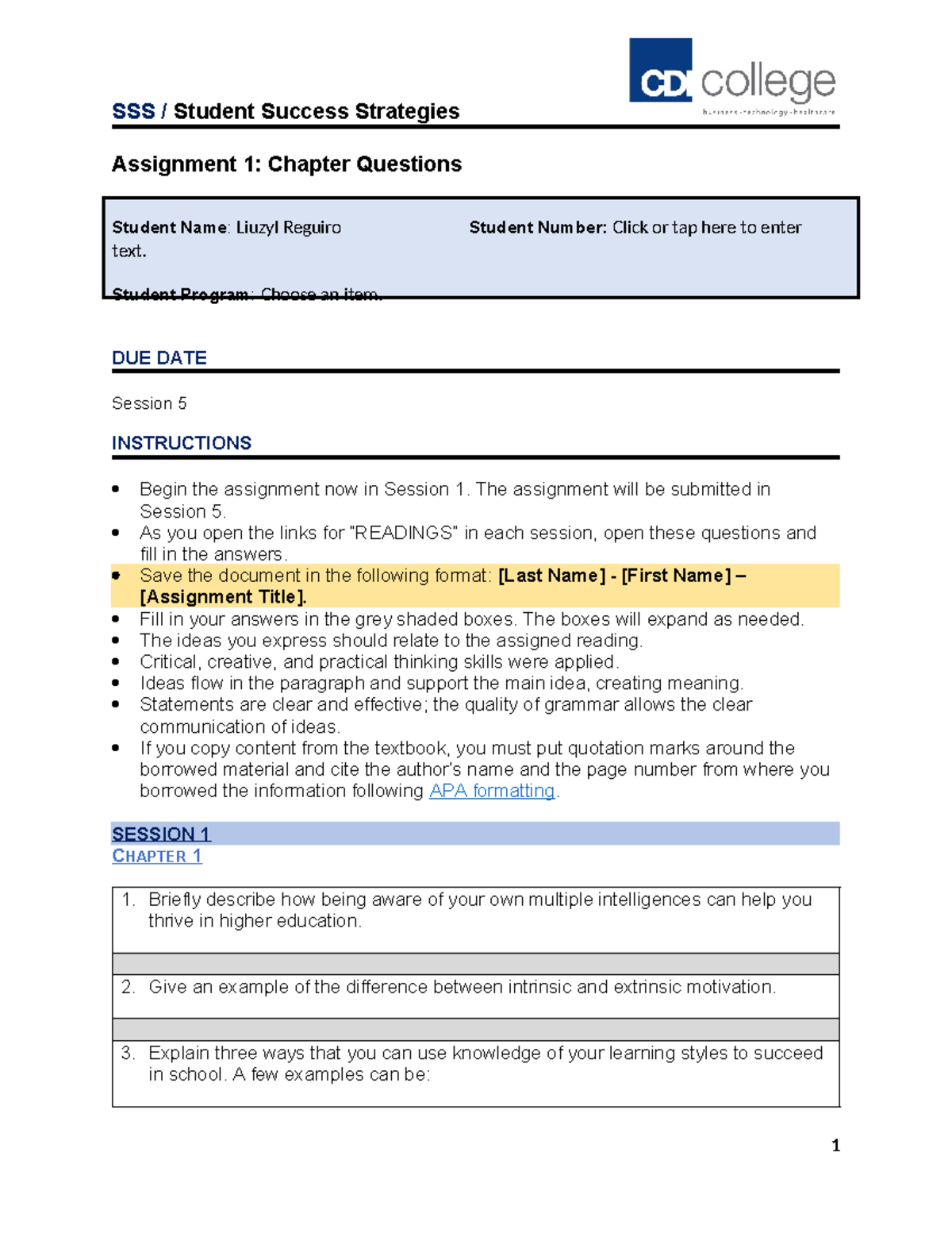 SSS 101: Assignment 1 - Chapter Questions & Strategies Guide - Studocu