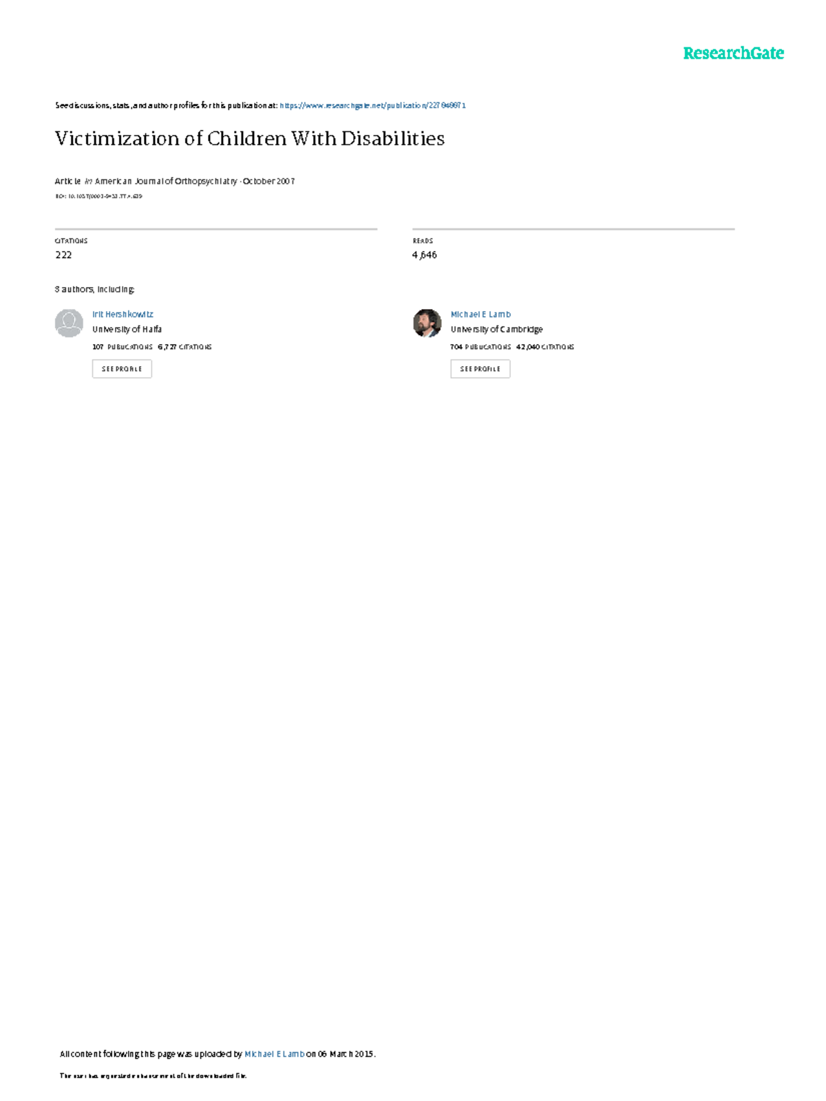 Victimization of Children with Disabilities: Insights from 07ortho ...