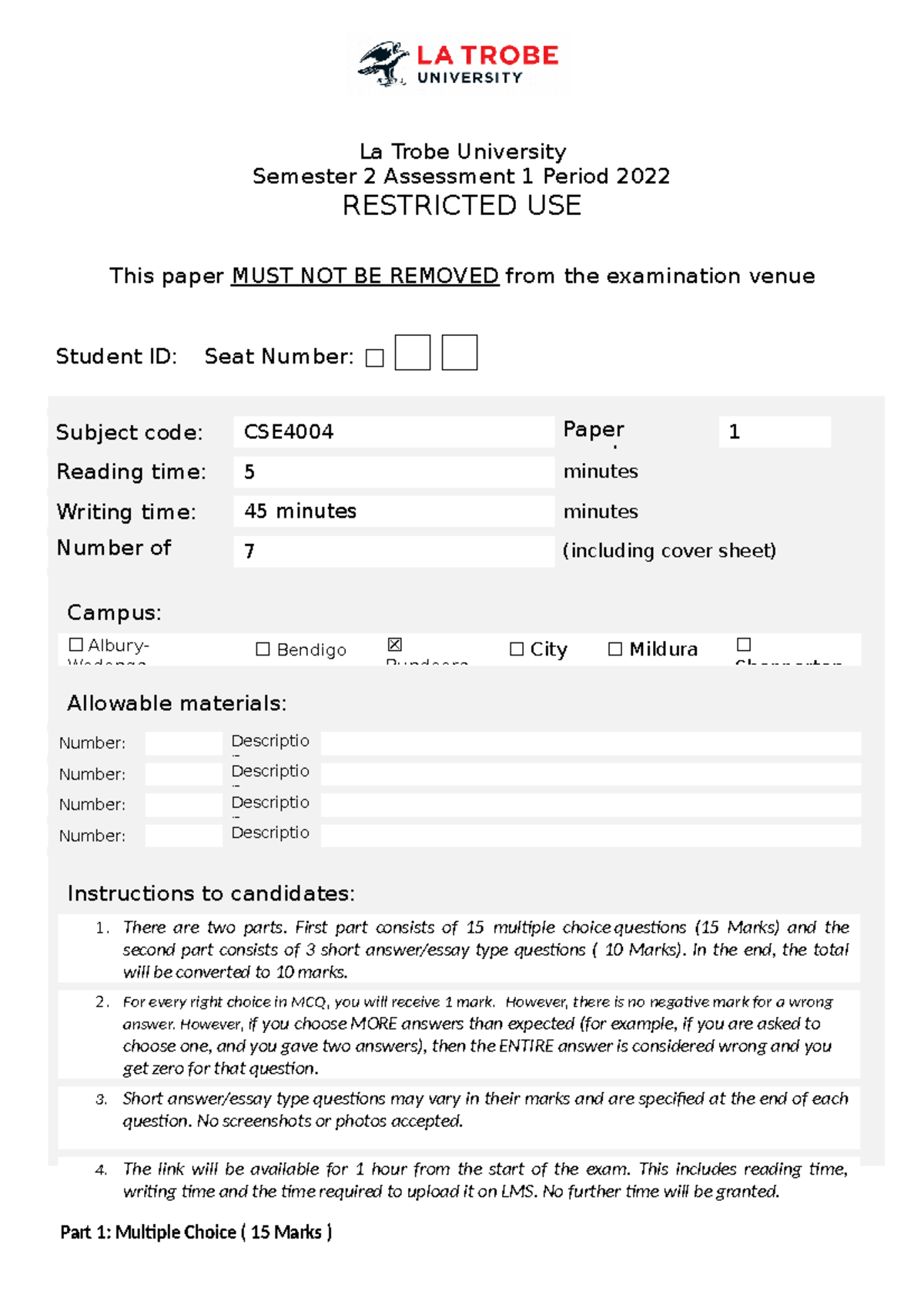 CSE4004 2022 Semester 2 Assessment 1: MCQ & Short Answers - Studocu
