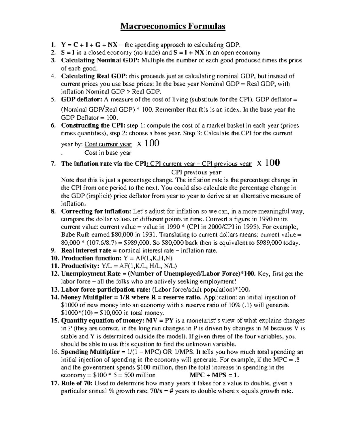 Macroeconomics Formulas: Key Concepts and Calculations for GDP and Inflation - Studocu