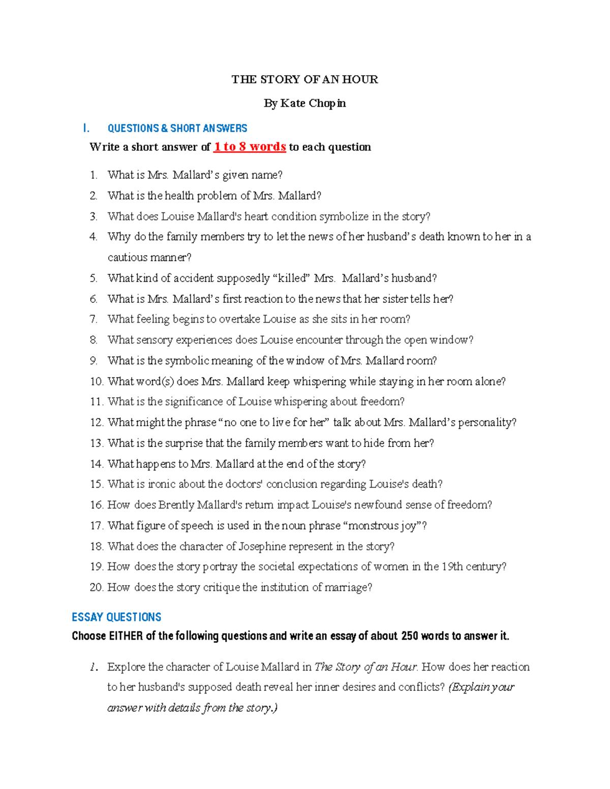 THE Story OF AN HOUR - Questions & Essay Prompts - Studocu