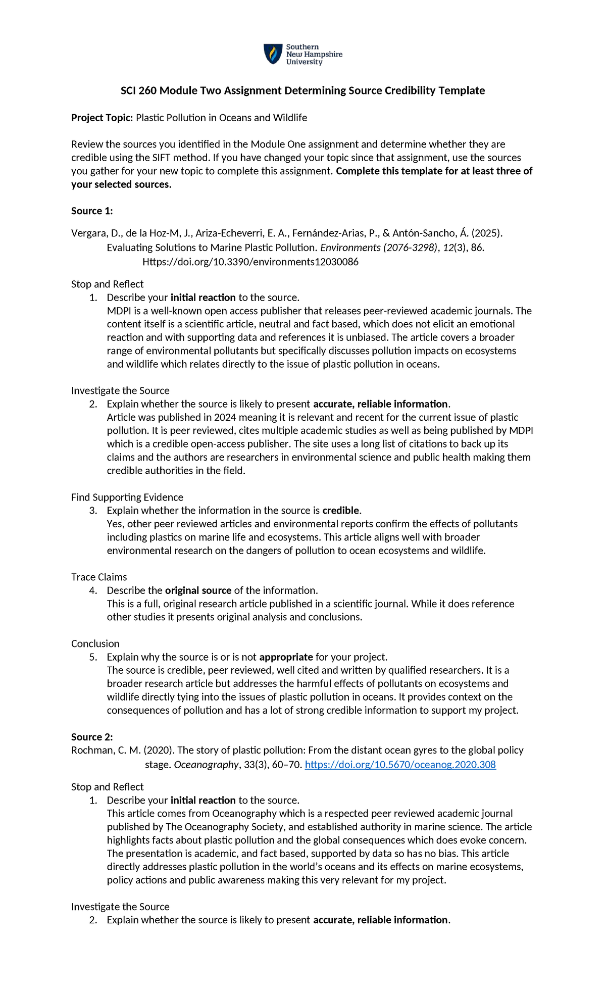 SCI 260 Module Two Assignment: Evaluating Credibility of Sources on Plastic Pollution - Studocu