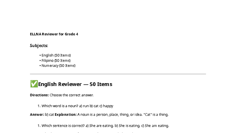 ELLNA Grade 4 Reviewer: English, Filipino & Numeracy (150 Items) - Studocu