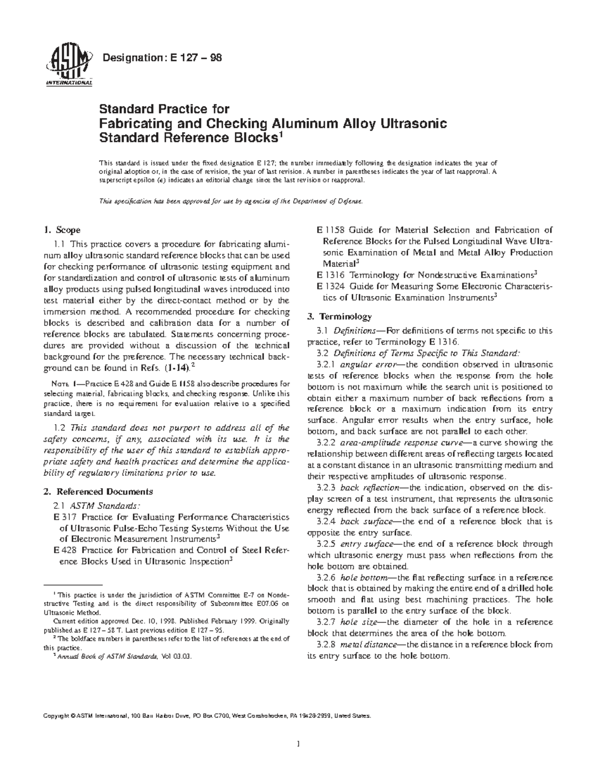 E 127 98 Standard Practice for Fabricating Aluminum Ultrasonic ...