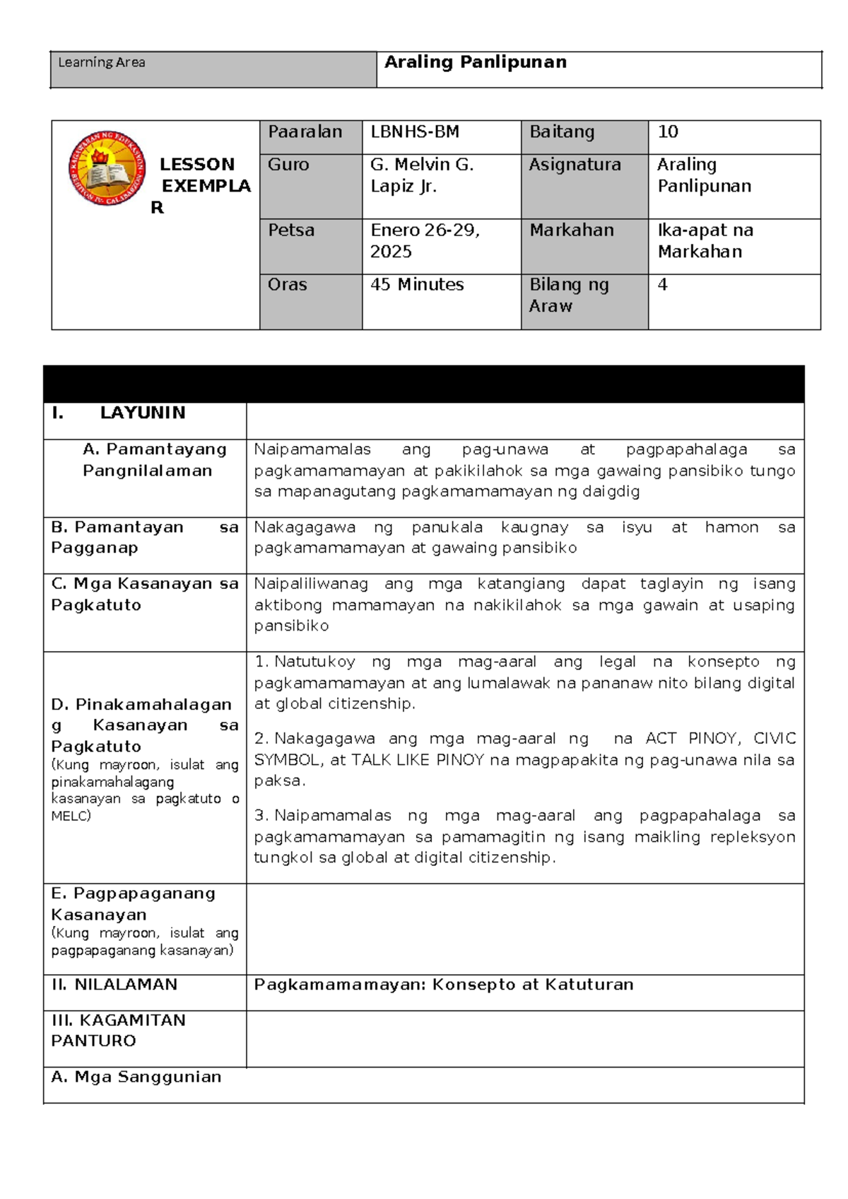 AP 10 - Q4 - WEEK 1 - DLL - LESSON PLAN SA PAGKAMAMAMAYAN - Studocu