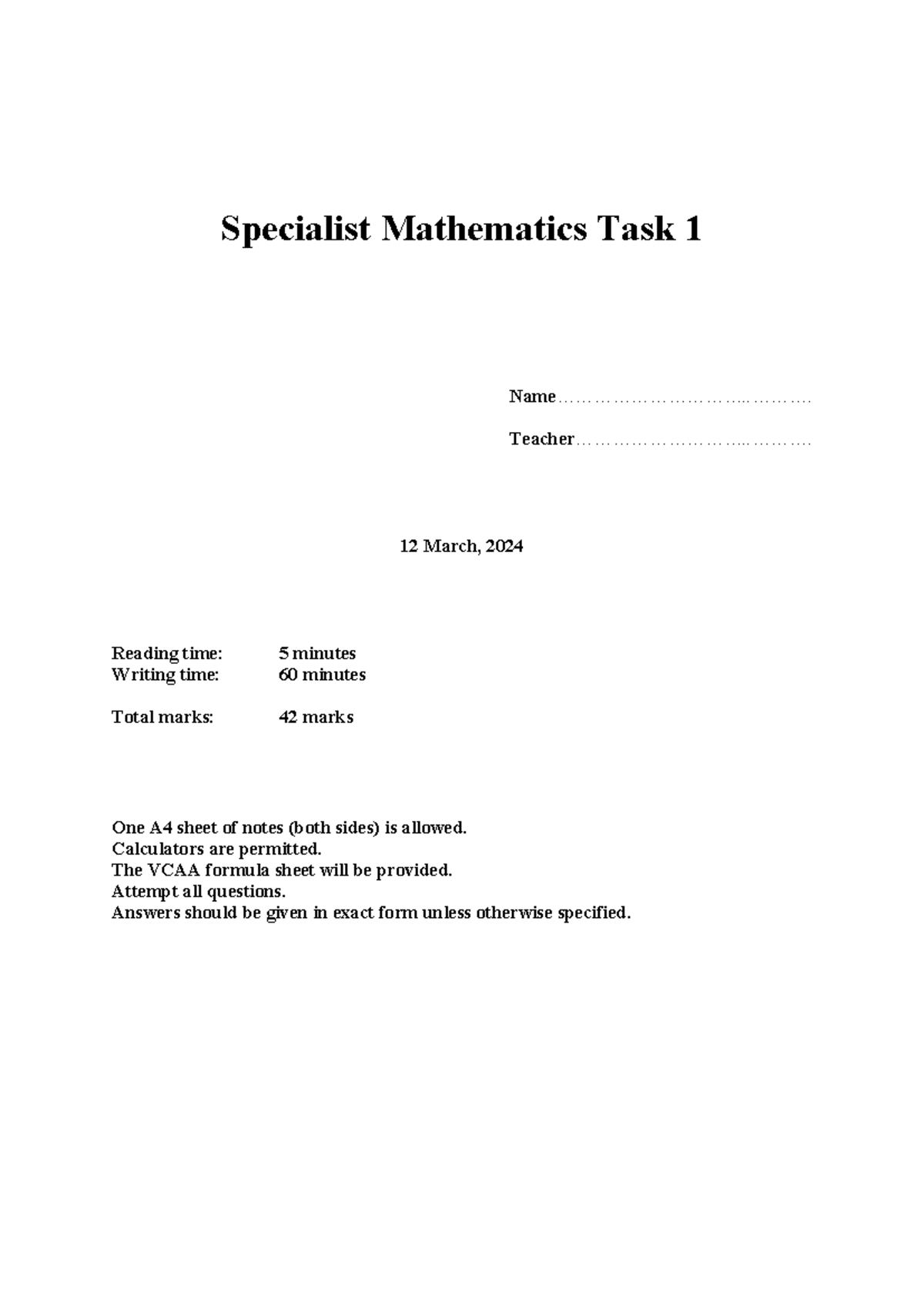 SM Specialist Mathematics SAC Task 1 - March 12, 2024 - Studocu
