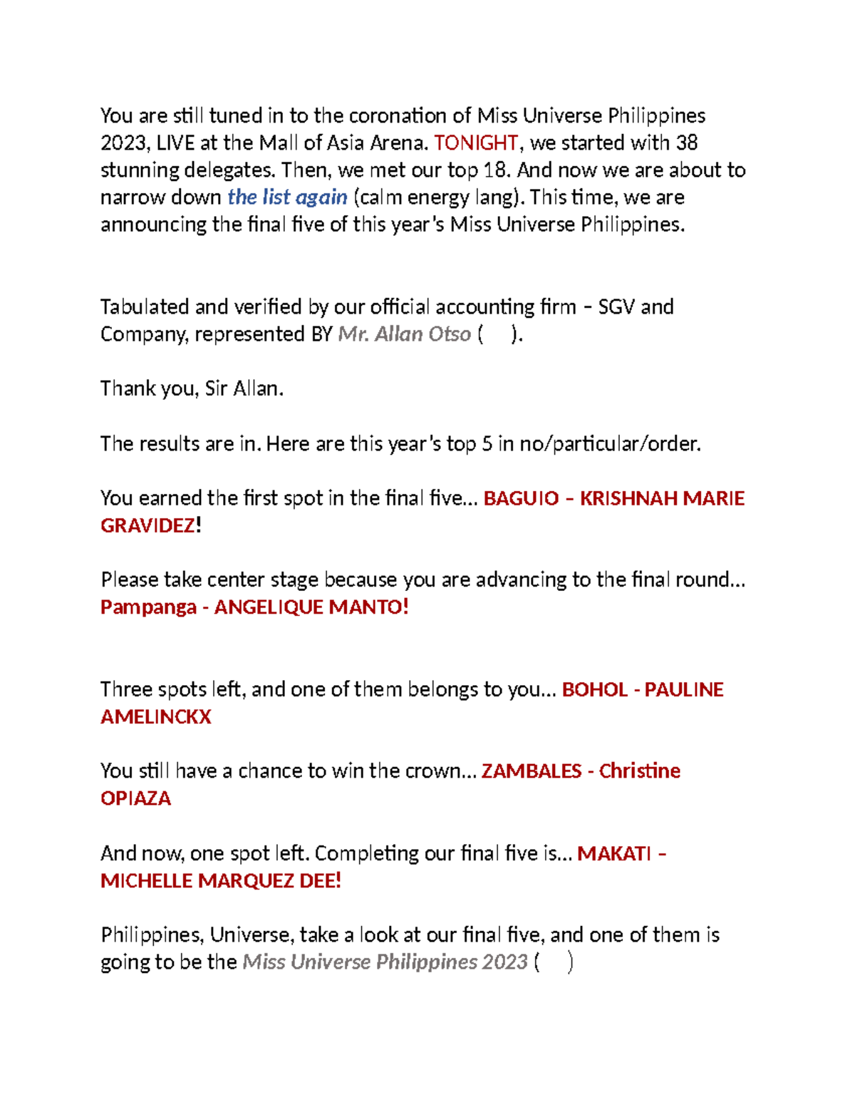 Speech Script for the Miss Universe Philippines 2023 Coronation Event ...