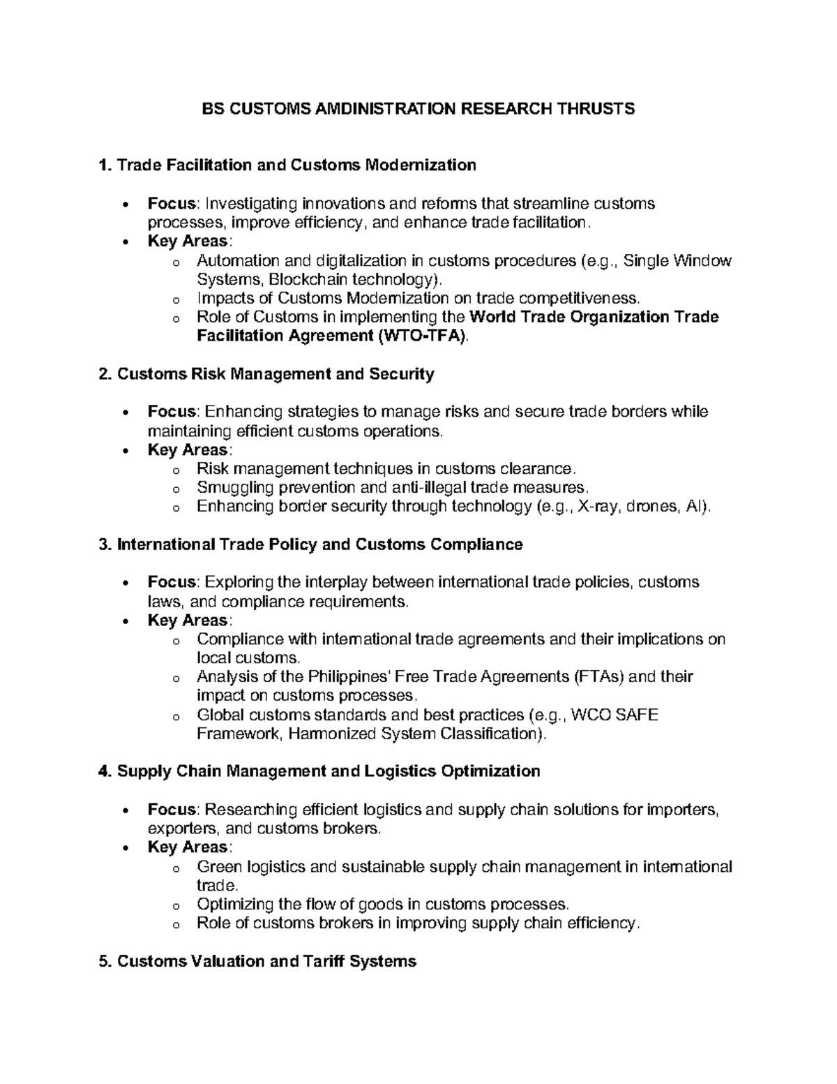 BSCA- Research Thrusts in Customs Administration Practices - Studocu