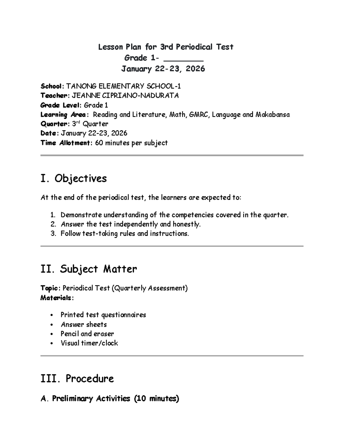 Lesson Plan: 3rd Periodical Test for Grade 1 - January 2026 - Studocu
