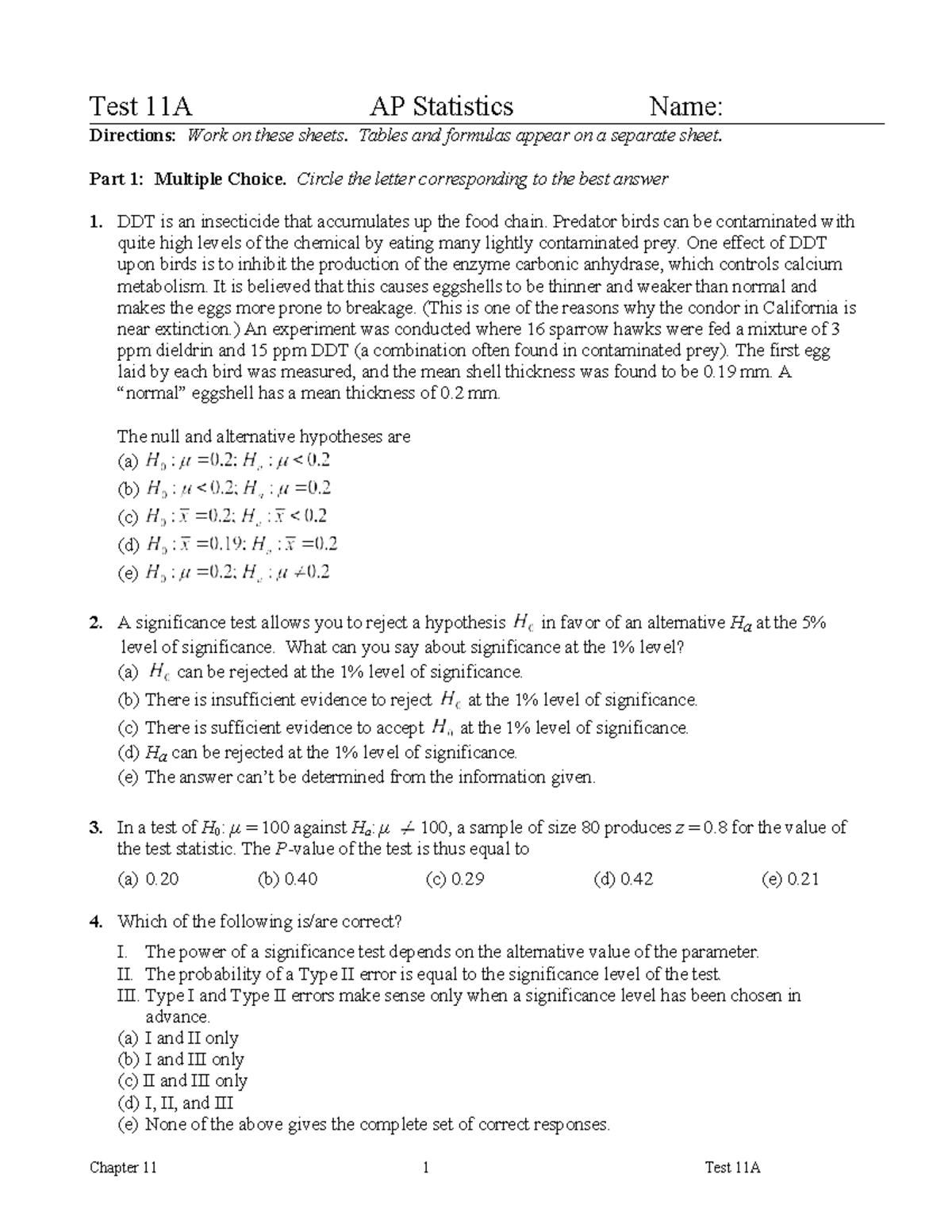 Test 11A AP Statistics: Hypothesis Testing & Significance Analysis ...
