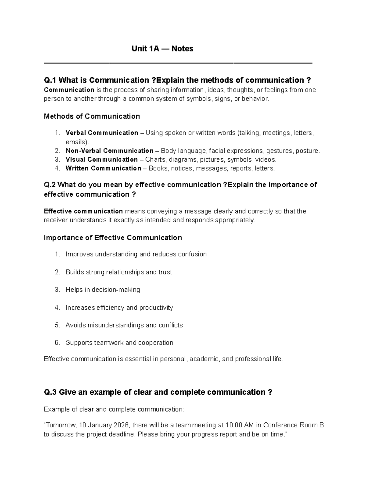 Unit 1 Communication Skills Notes: Methods & Importance - Studocu