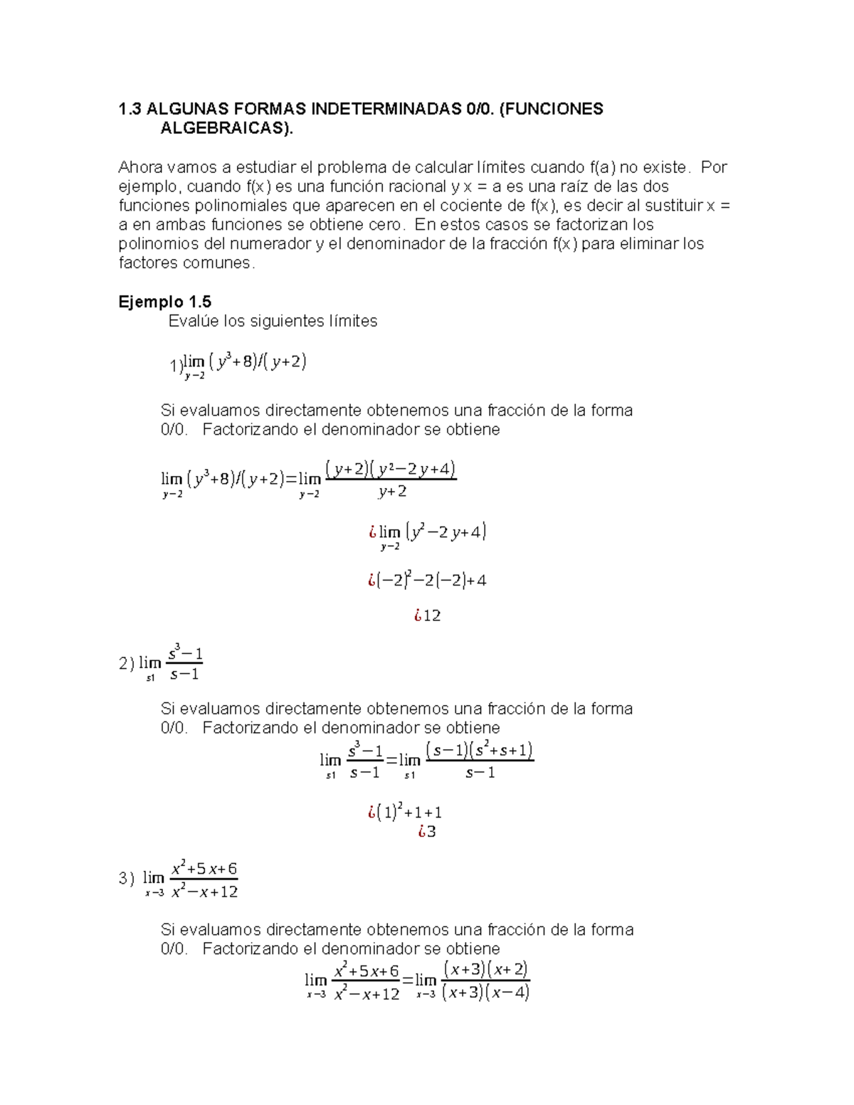 1.3 Formas Indeterminadas en Funciones Algebraicas - Ejemplos y Límites ...