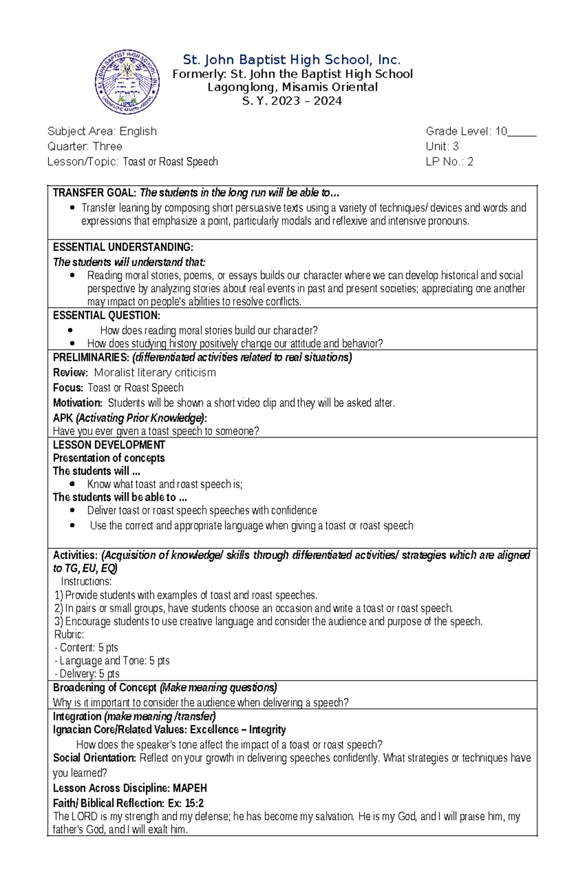 Eng10 LPQ3-2 Toast or Roast Speech Lesson Plan and Activities - Studocu
