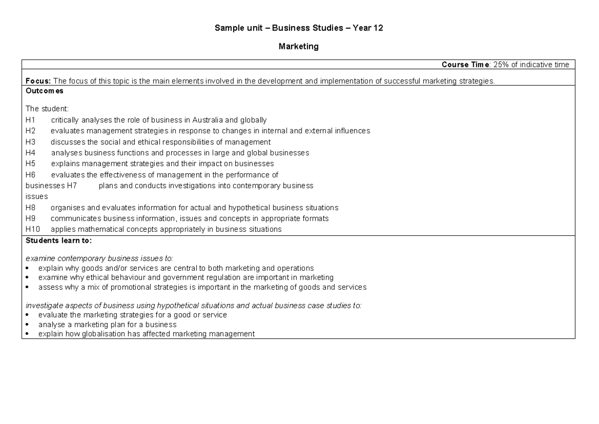 Business Studies Year 12: Sample Unit on Marketing Strategies - Studocu