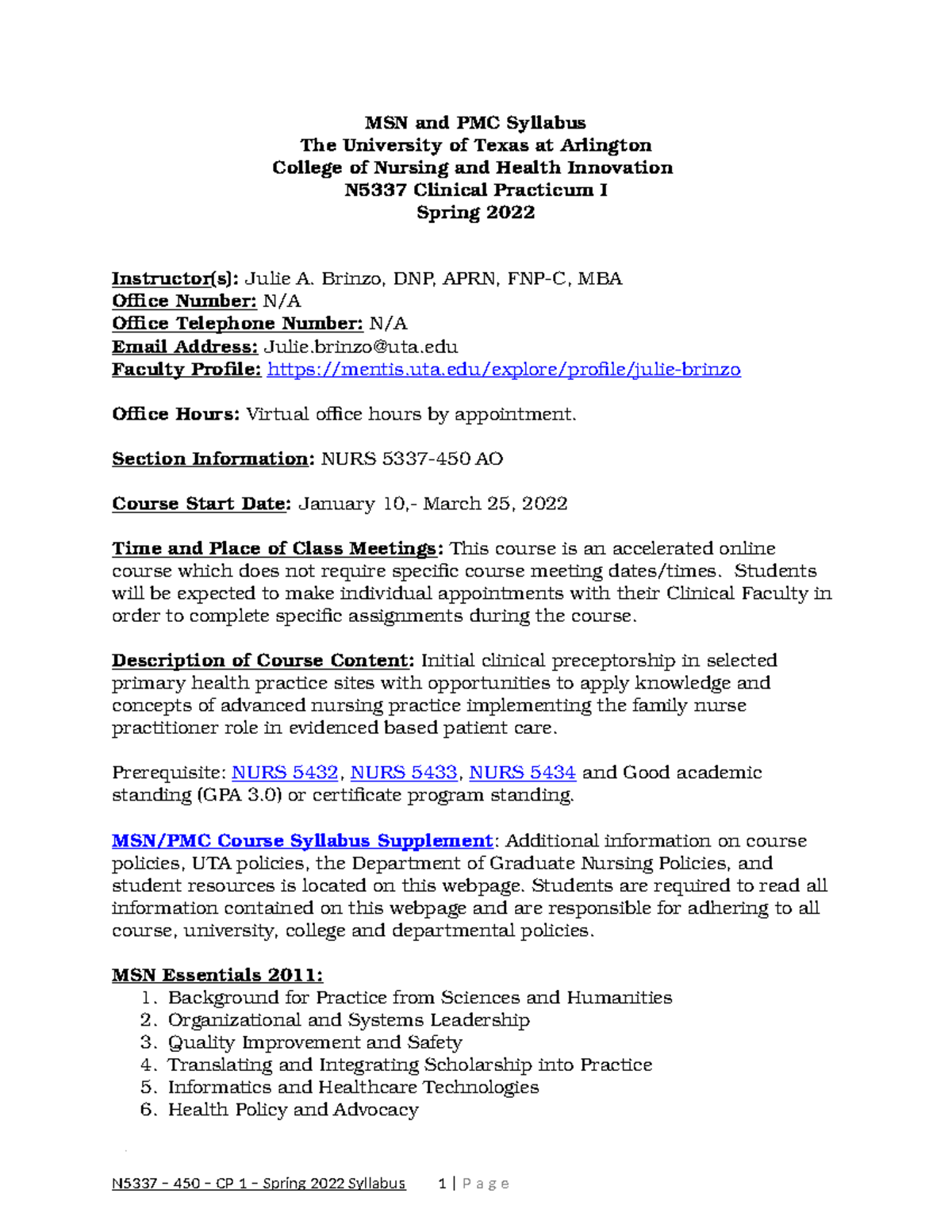 NURS 5337 SP22 Clinical Practicum I Syllabus Overview - Studocu