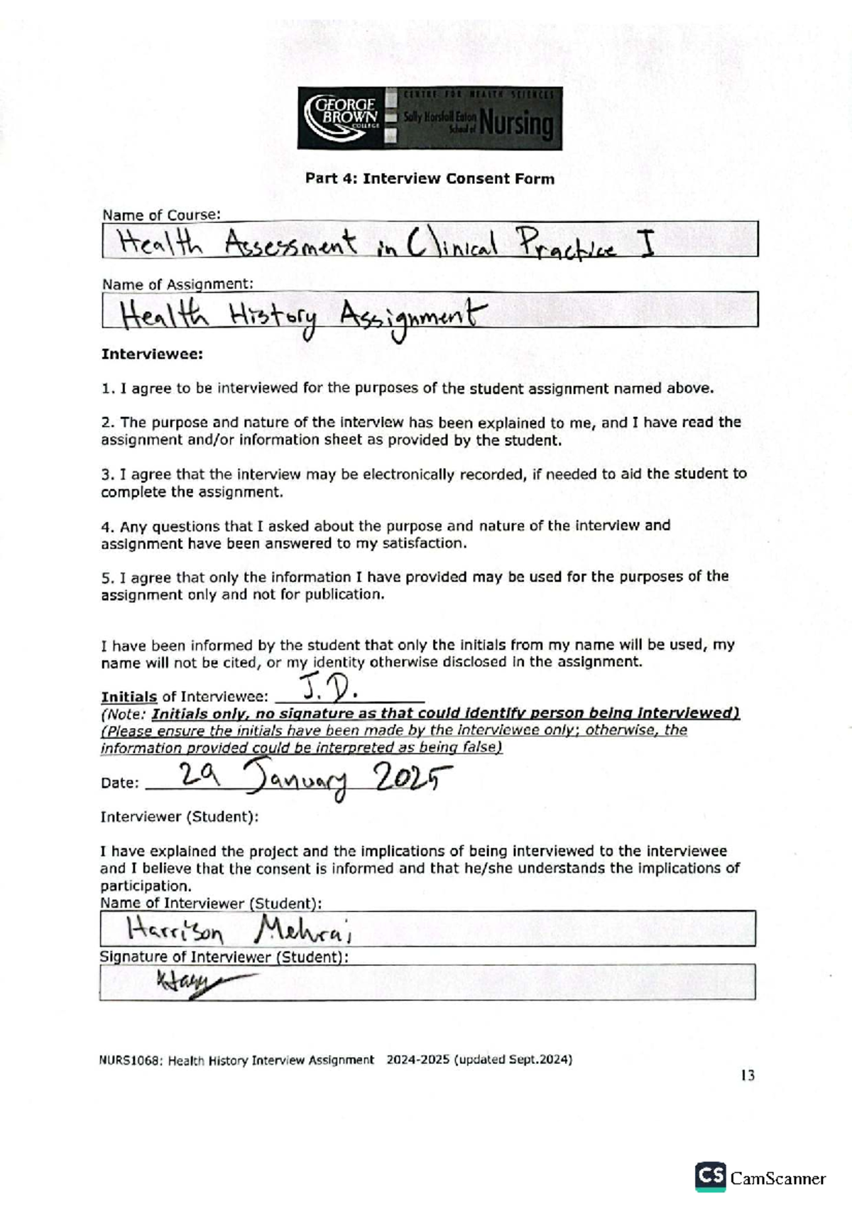 NURS1068: Health History Assessment Interview Consent Form - Studocu