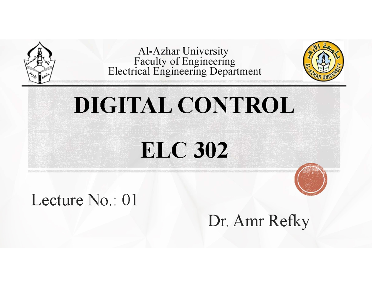 DIGITAL CONTROL ELC 302 Lecture 01: Overview & Key Concepts - Studocu