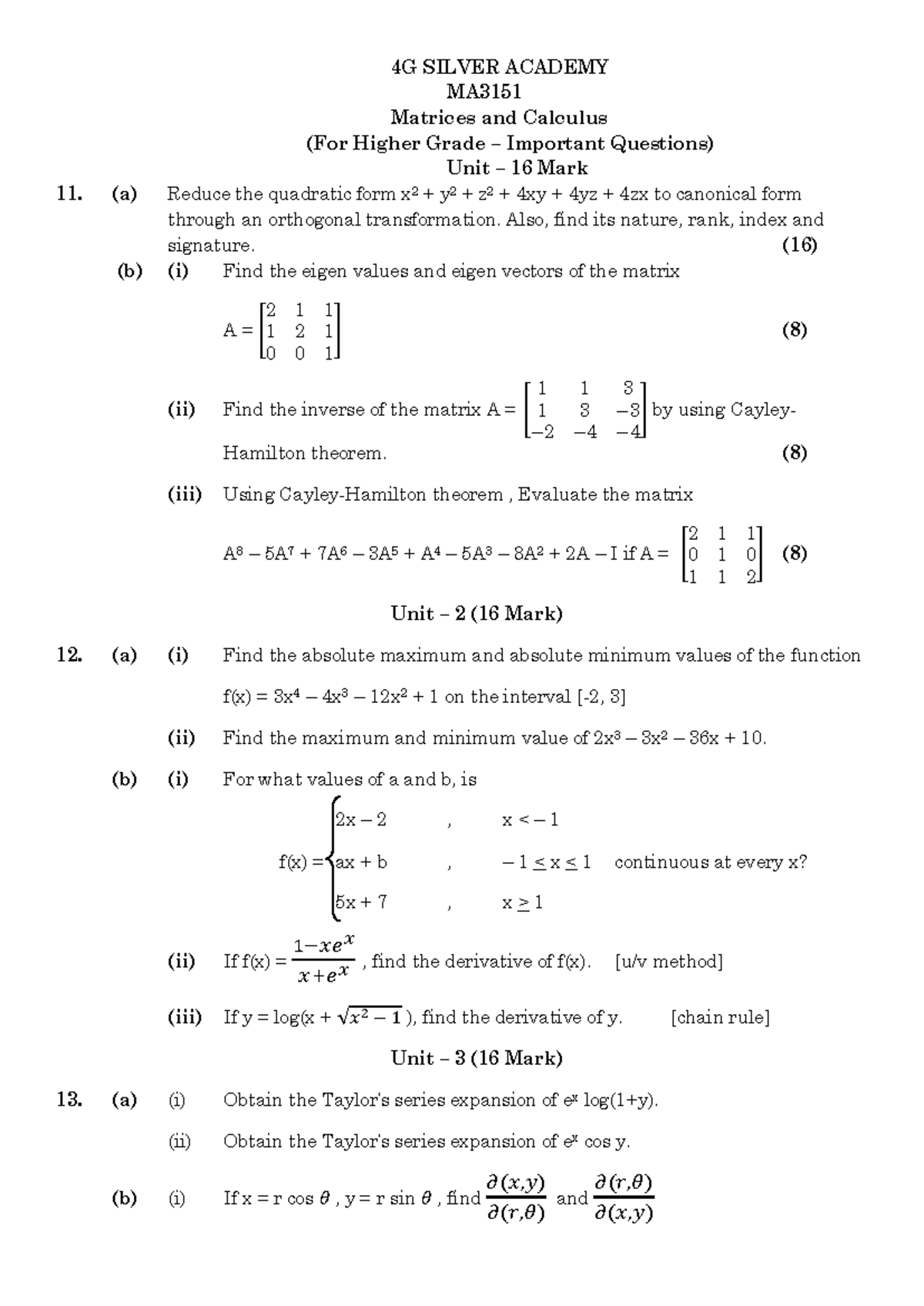 MA3151 Final Exam Important Questions on Matrices and Calculus - Studocu