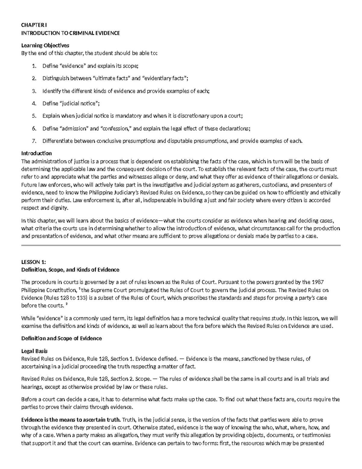 CRIMINAL EVIDENCE: CHAPTER I - INTRODUCTION & LESSON 1 (REVISED RULES ...