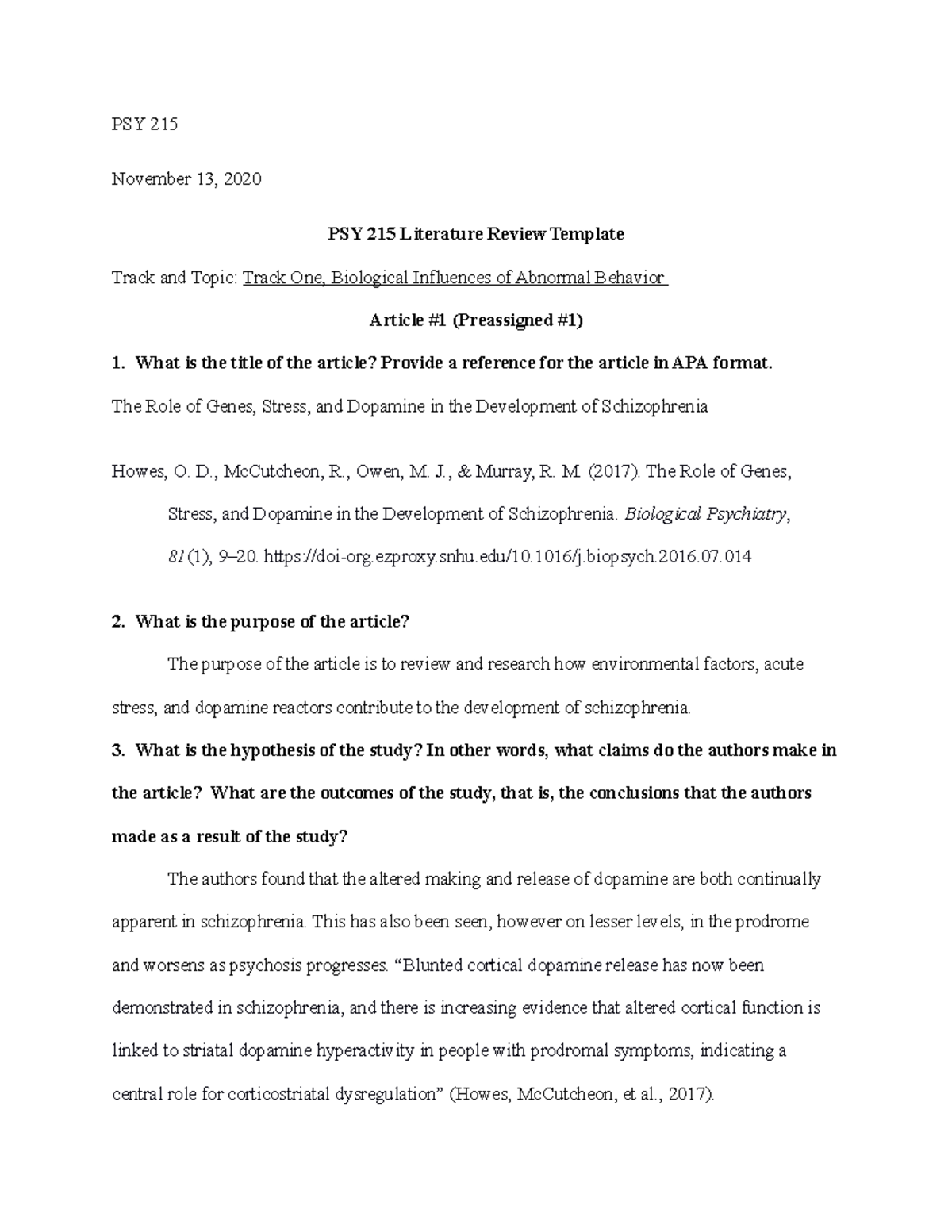 Journal 1 PSY 215 - PSY 215 November 13, 2020 PSY 215 Literature Review ...