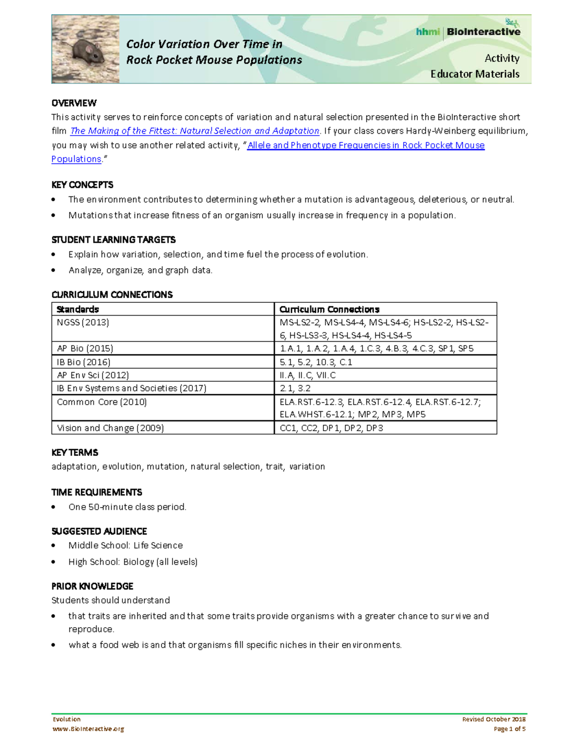 Evolution: Color Variation in Rock Pocket Mouse Populations (BIOL-101 ...