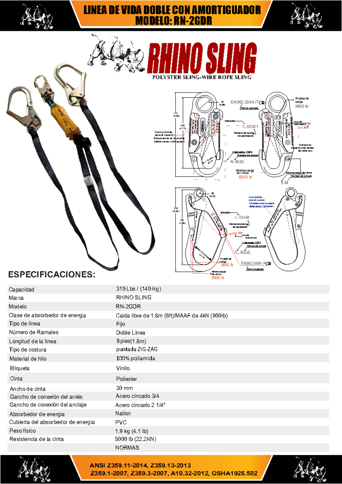 LINEA DE VIDA DOBLE CON AMORTIGUADOR EN362:2004 T - Especificaciones y ...