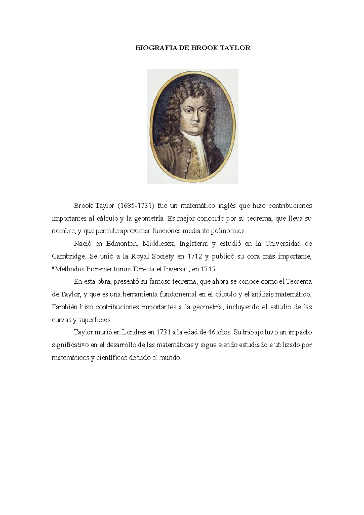 Biografia DE Brook Taylor - BIOGRAFIA DE BROOK TAYLOR Brook Taylor ...