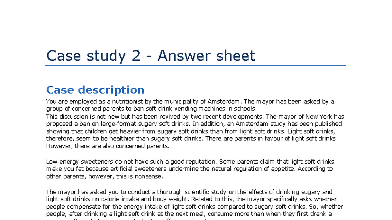 Case Study 2: Effects of Soft Drinks on Calorie Intake & Weight - Studeersnel