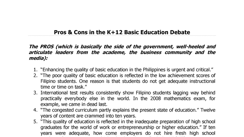Pros and Cons of Basic Education Reform in the Philippines (EDU 101 ...