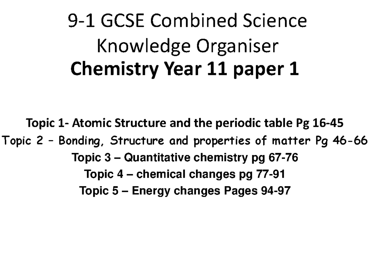 GCSE Chemistry Revision Sheet - Paper 1 (Topics 1-4) - Studocu