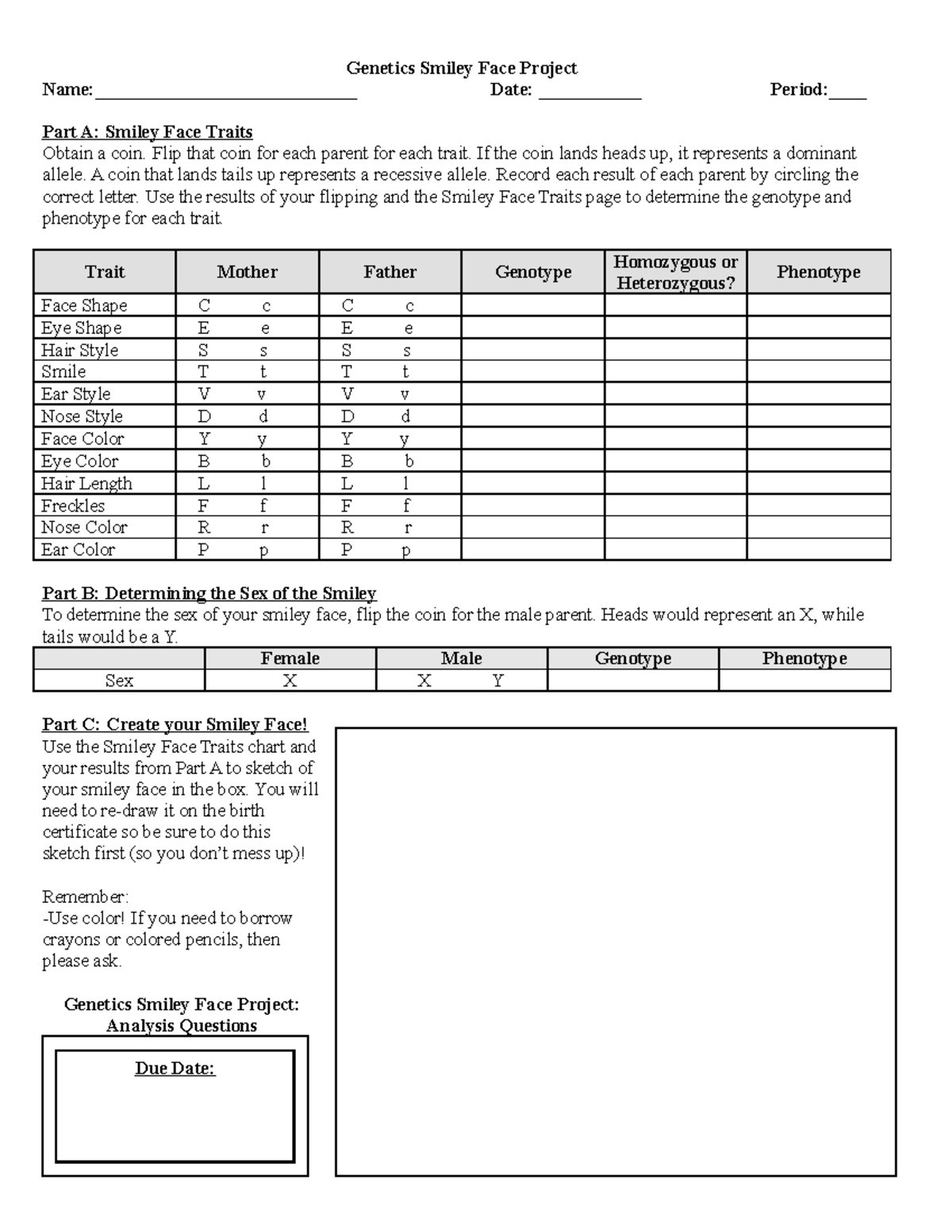 (2.18) Genetics Smiley Face Project: Traits & Analysis Guide - Studocu